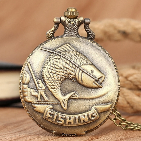 Vintage Big Fish Quartz Pocket Watch Bronze Fishing Angling Pattern ...