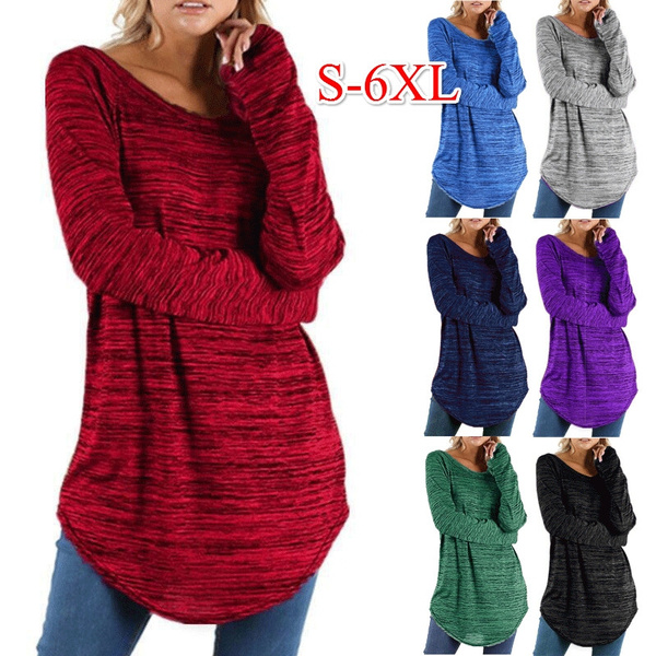 Plus Size S-6XL Women Autumn and Winter Casual Long Sleeve Tops Solid ...