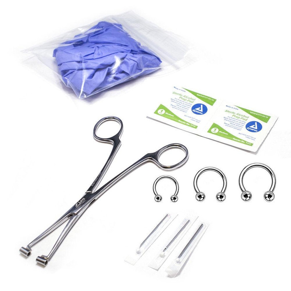 Septum Body Piercing Kit Kit with 3 Horseshoe Ring, Needle, Forceps 10 ...