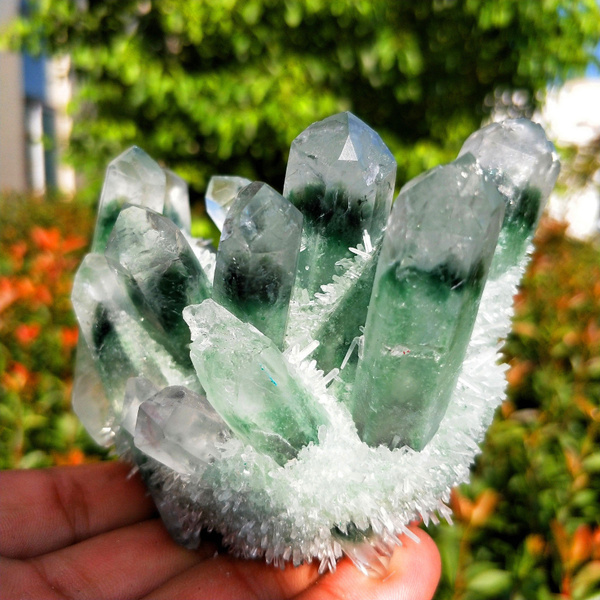 Natural Green Ghost Phantom Quartz Crystal Cluster Healing Specimen | Wish