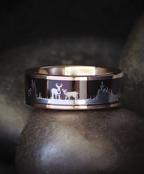 Men's Rose Goldtone Tungsten Hunting Ring Wedding Band Wood Inlay Deer ...