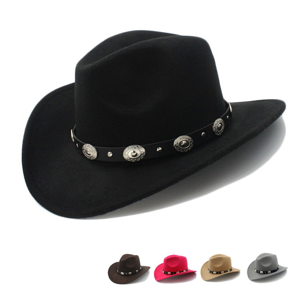 New Vintage Wool Western Cowboy Hat For Womem Men Wide Brim Cowgirl Jazz Cap With Leather Toca ...