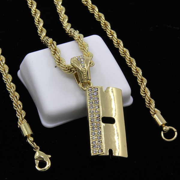 Mens Gold Plated Iced Razor Blade Hip-Hop Pendant 30" Rope Chain ...