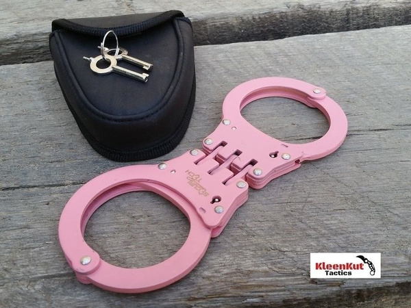 NEW HINGED Handcuffs PINK STEEL Double Lock REAL Hand Cuffs w/ Case ...