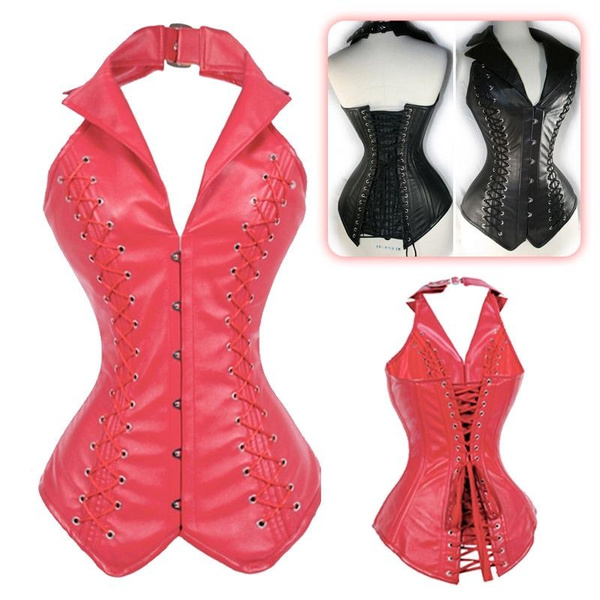Corset Women Black Faux Leather Burlesque Steampunk Corset Dress Bandag