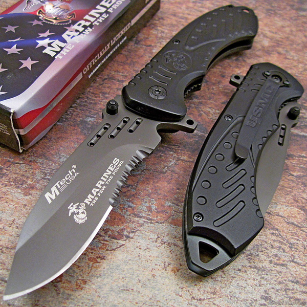 Official USMC Marines Black Spring Assisted Open Folding Tactical ...