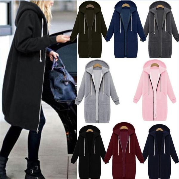 Women Hoodie Long Hooded Sweatshirts Coat Casual Pockets Zipper Solid