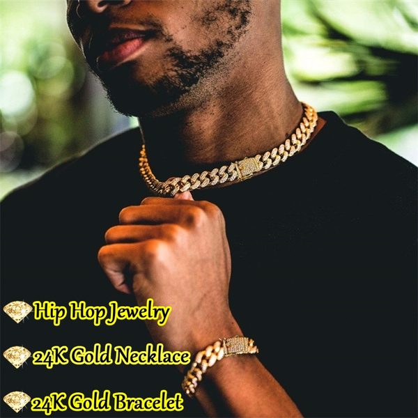 24K Gold Plated Diamond Hip Hop Iced Out Bling Rhinestone Miami Cuban ...