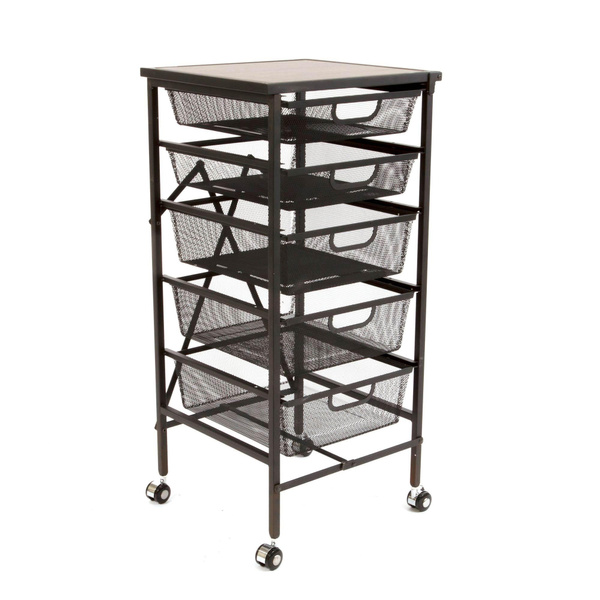 Origami Wheeled Foldable 5 Steel Drawer Storage Caddy Cart w Wooden Top ...