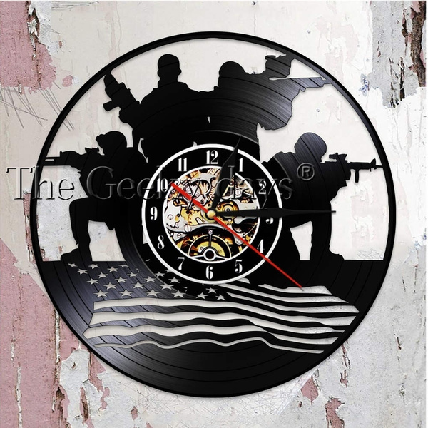 patriotic soldiers with military art design wall clock on american flag ...