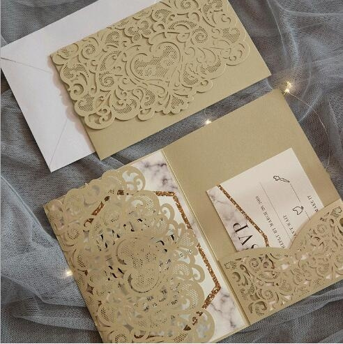 50set laser cut wedding invitations light reflecting tri-fold pocket ...