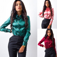Women Silk Satin Blouse Button Long Sleeve Lapel Ladies Office Work Shirts Elegant Female Satin ...