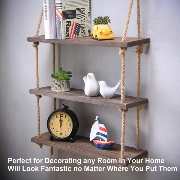 Rustic Wooden Hanging Display Rack Wood Rope Wall Shelf Storage ...