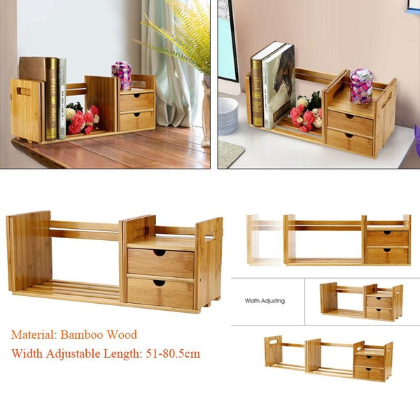 Extendable Natural Bamboo Wood 2 Drawers Desk Tabletop Book Rack ...