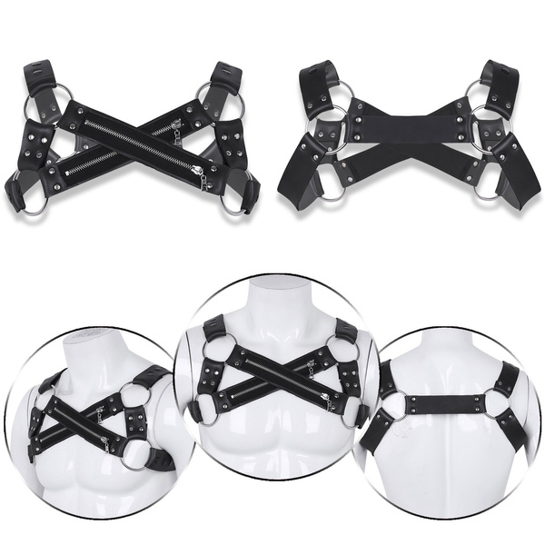 Men's Faux Leather Unzip Chest Harness Studded Muscle Belt with O Rings ...