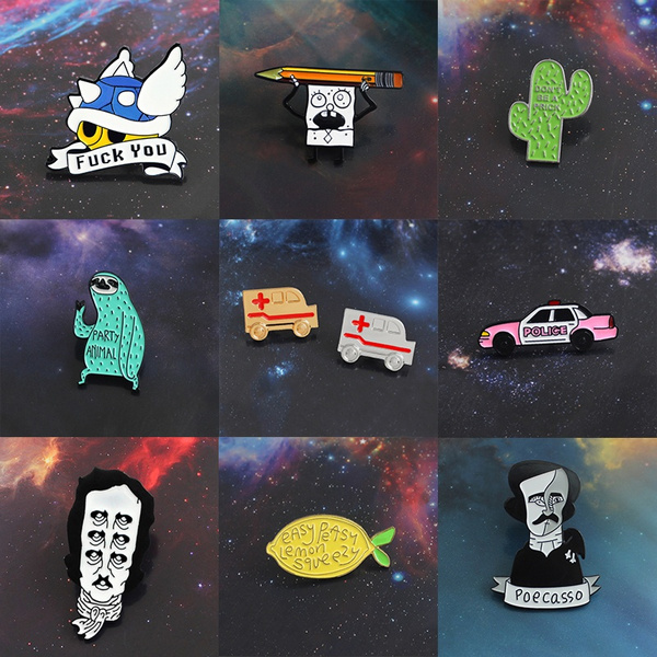 Enamel Brooch Police Car Green Cactus, Sloth, Edgar Allan Poe "Poecasso ...