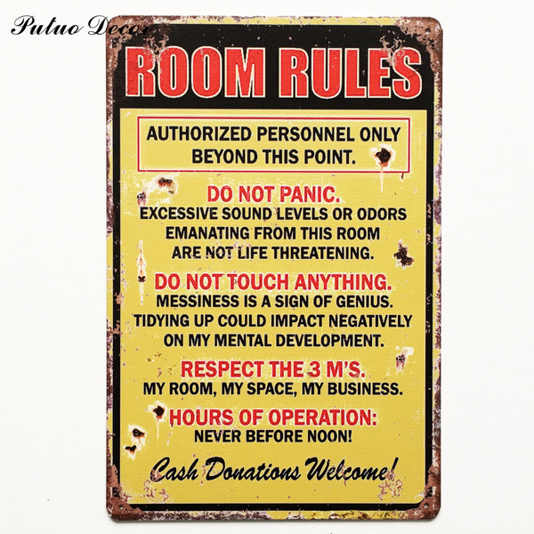 Tin Sign Room Rules Metal Poster Rustic Plaque Room Bedroom House