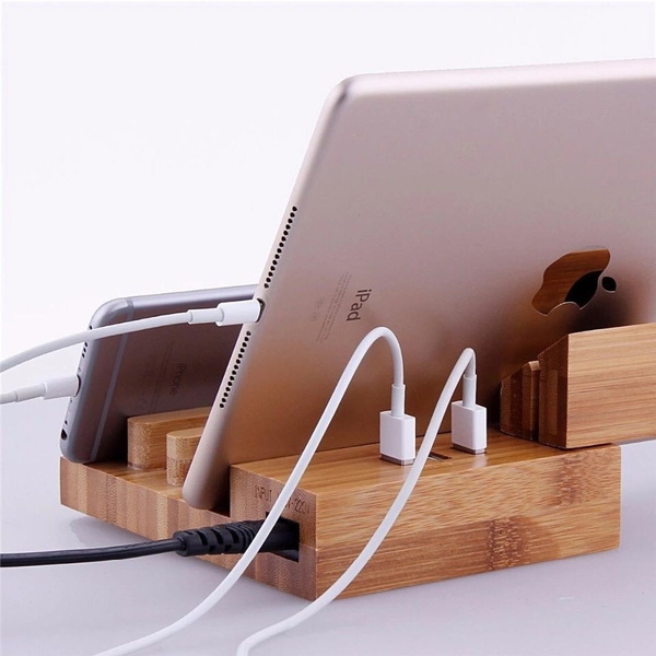 Bamboo Wood USB Charging Station Desk Stand Charger 4 USB Ports For ...