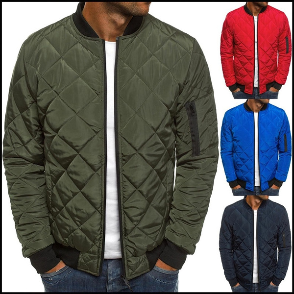 Men's Stand Collar Quilted Bomber Jacket Warm Padded Outdoor Diamond ...