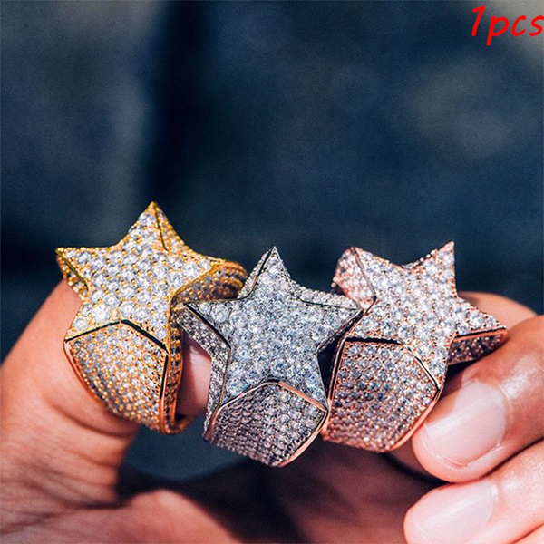 Hip Hop Ring All Iced Out Star Micro Pave CZ Rings Women & Men Gold ...