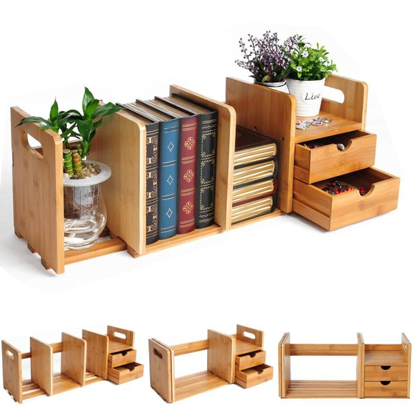 Bamboo Extendable Desk Tabletop Bookrack Bookcase Organizer 2 Drawer | Wish
