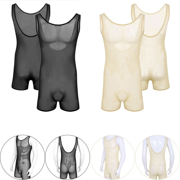 Men's Short Tank Unitard One Piece Stretch Leotard Sheer Mesh Lingerie ...