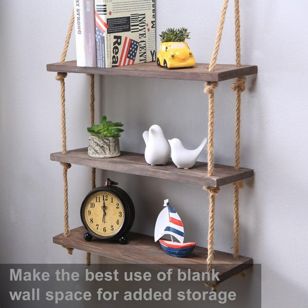 Rustic Wooden Hanging Display Rack Wood Rope Wall Shelf Storage ...