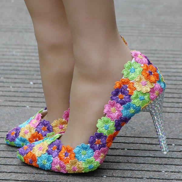 Crystal Queen Colorful Lace Flower Wedding Shoes Multicolor High Heel ...