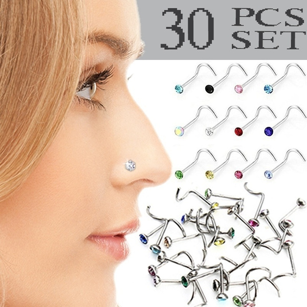 30 Pcs/Lot Luxury Rhinestone Stainless Steel Nose Studs Women Nose Ring ...
