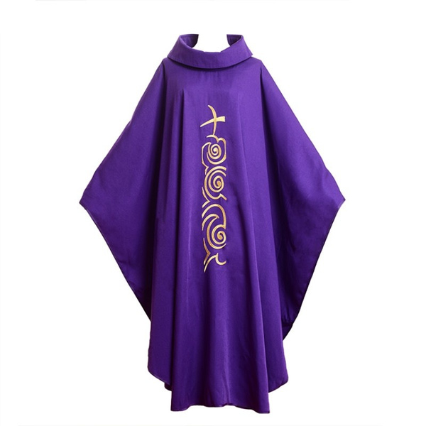 Catholic Church Priest Chasuble Vestment Purple Robe Roll Collar Golden ...