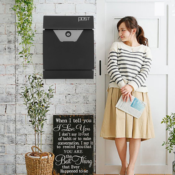 Black Modern Curved Surface Lockable Wall Mounted Post Box Letter Mail ...
