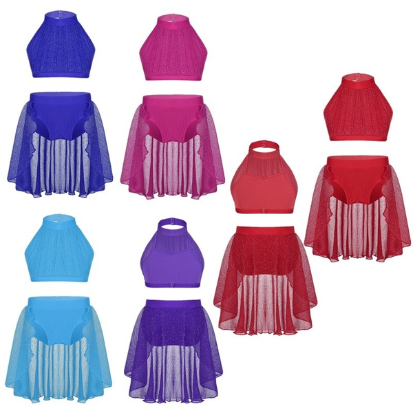 Girls Lyrical Praise Dance 2Pcs Outfit Sleeveless Crop Top with Bottoms ...