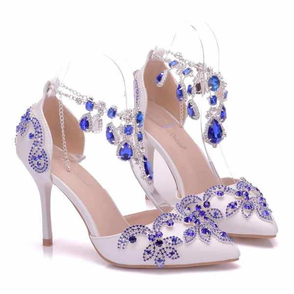 Crystal Queen Lady Wedding Shoes Blue Diamonds Heels Bridal Shoes ...