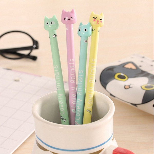 4pcs/set Kawaii Kitsch Cat Head Gel Pen Cartoon Korean Cute Pencil Gift ...