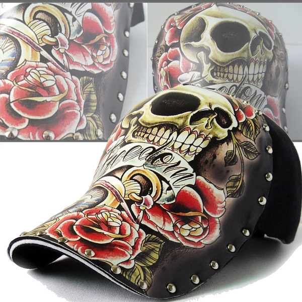 Rivet Decor Printed Skull and Roses Baseball Cap Hip-hop Style Street ...
