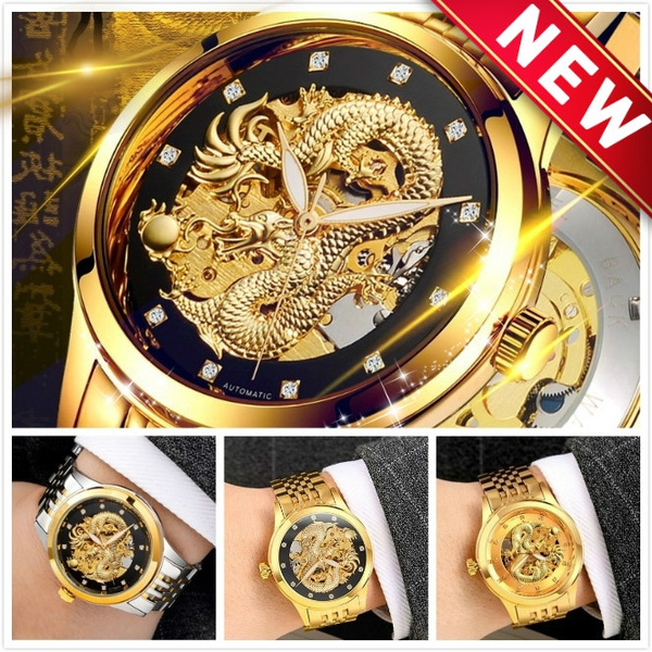 Gold Dragon Automatic Mechanical Watches Skeleton Self Wind Man ...