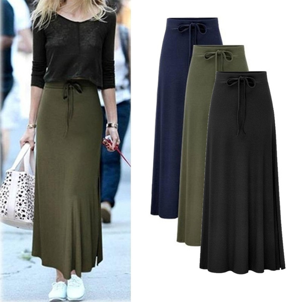 Fashion Ladies High Waist Bandage Pleated Skirt Plus Size Long Skirts S