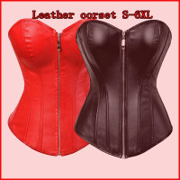 Lady Faux Leather Lace Up Front Zipper Back Corset Goth Bustier S-6XL ...