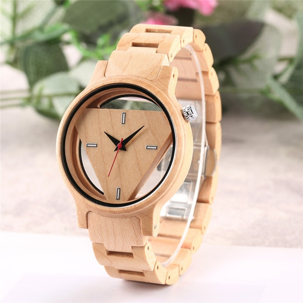 Hot 2019 Hollow Triangle Dial Wood Watch Mens Quartz Wristatch Unique ...