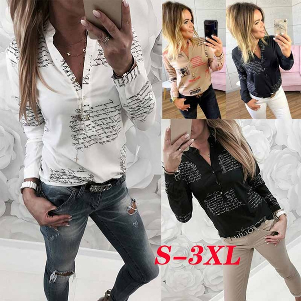 Women V Neck Letters Printing Long Sleeve Elegant Tops Blouse | Wish