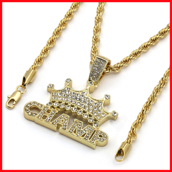 Mens 14k Gold Plated Hip Hop CROWN CHAMP Pendant Rope Chain 4mm 24" or ...