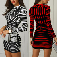 New Stripe Digital Printing Slim Long Sleeve Bodycon Dress Sexy Pencil ...