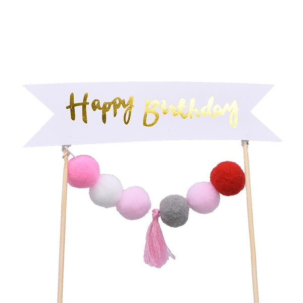 Happy Birthday Cake Topper Kawaii Plush Ball Cupcake Topper Flags For ...