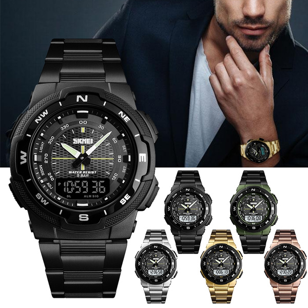 Men Electronic Watch Stainless Steel Strap Dual Time Display ...