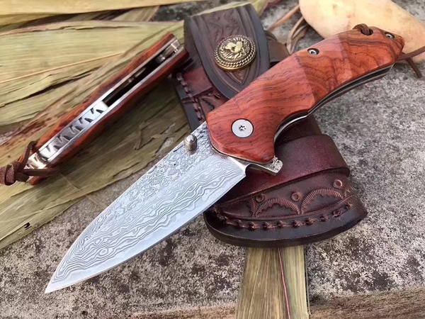 Small Damascus Steel Folding Knife Small Pocket Knife wooden handle ...