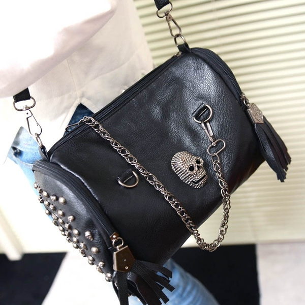 Fashion Women Black Leather Punk Skull Goth Tassel Messenger Shoulder ...