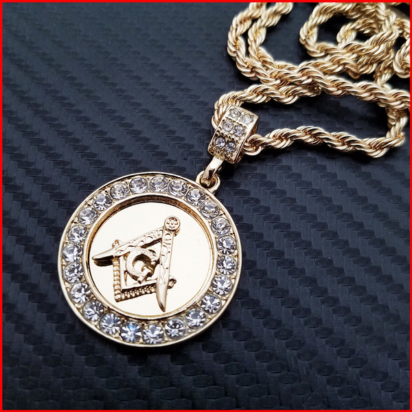 Men's Hip Hop 14K Gold Plated Freemason Masonic Cz 4mm 24" Rope Chain ...