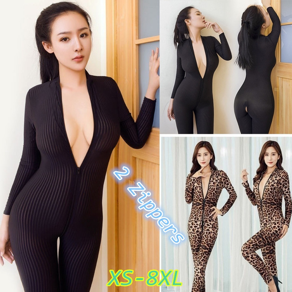 2 Color Of Leopard Dame Black Striped Sheer Bodysuit Smooth Fiber 2 Zipper Long Sleeve Jumpsuit