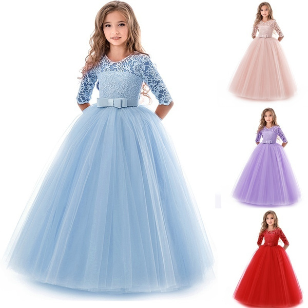Girl Floor-Length Party Dress Kids Bow Tie Lace Long Dresses for Girls ...