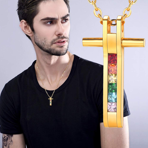 Men's Womens Stainless Steel Gay Lesbian Rainbow LGBT Pride Cross ...